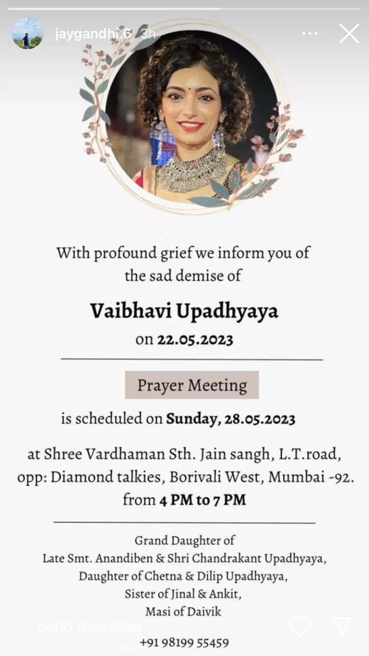 Vaibhavi Upadhyaya's Family To Hold Prayer Meet In Actress's Memory ...