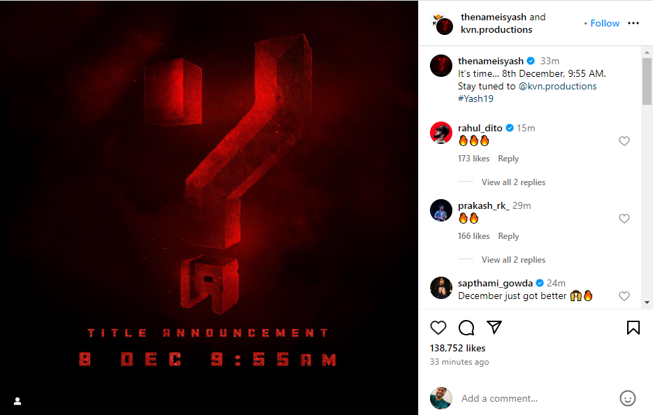 Rocking Star Yash ALL Set To Unveil Official Title Of Next Blockbuster ...