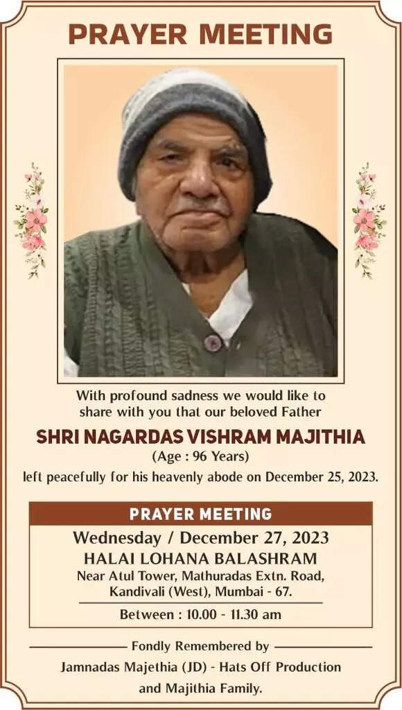 Nagardasbhai Majithia: JD Majethia's Father's Prayer Meet To Be Held On ...