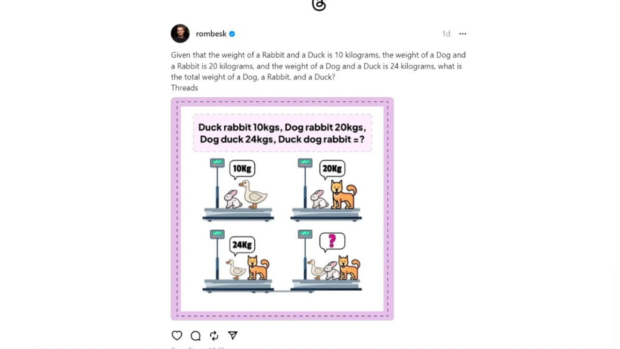 Brain Teaser: Can You Find the Weight of Dog, Duck, Rabbit in Just 10 ...