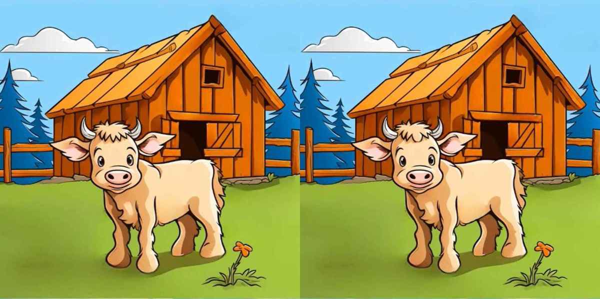 Puzzle: Can You Spot 3 Differences Between Images of Cow On a Farm in ...