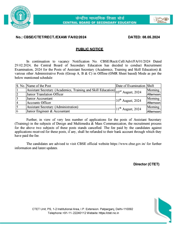 CBSE Recruitment 2024: Exam Date Out for Group A, B & C Posts, Apply ...