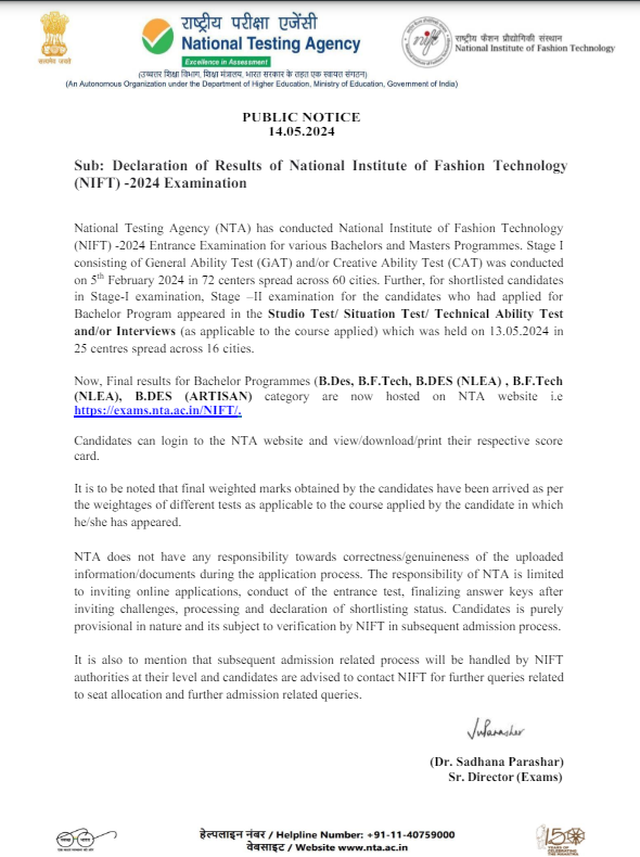NIFT 2024 Final Result Declared For UG Courses At exams.nta.ac.in ... NIFT 2024 Final Result Declared For UG Courses At exams.nta.ac.in ...