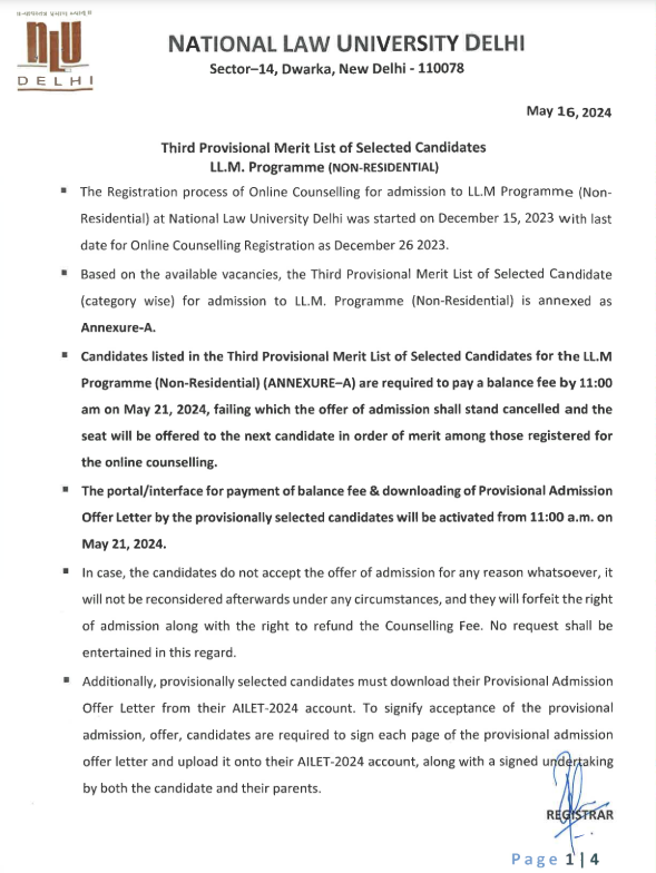 AILET 2024 Third Merit List For LLM Programme Out nationallawuniversitydelhi.in; Direct Link ...