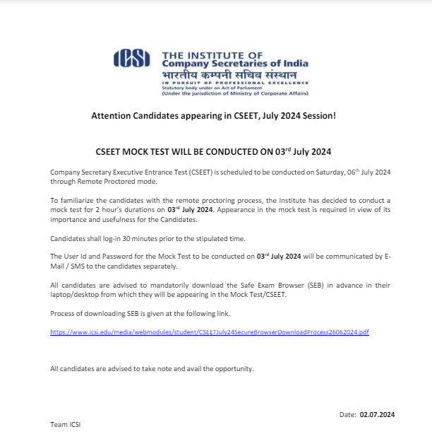 ICSI CSEET July 2024 Mock Test Link Active At icsi.edu; Direct Link ... ICSI CSEET July 2024 Mock Test Link Active At icsi.edu; Direct Link ...