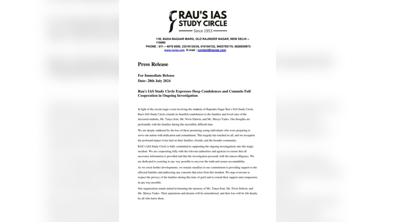 Delhi's Rau IAS Coaching Centre Issues First Statement On Students ...