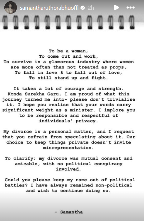 Samantha Ruth Prabhu Hits Back At Minister Konda Surekha For Remark On Split With Naga Chaitanya ...