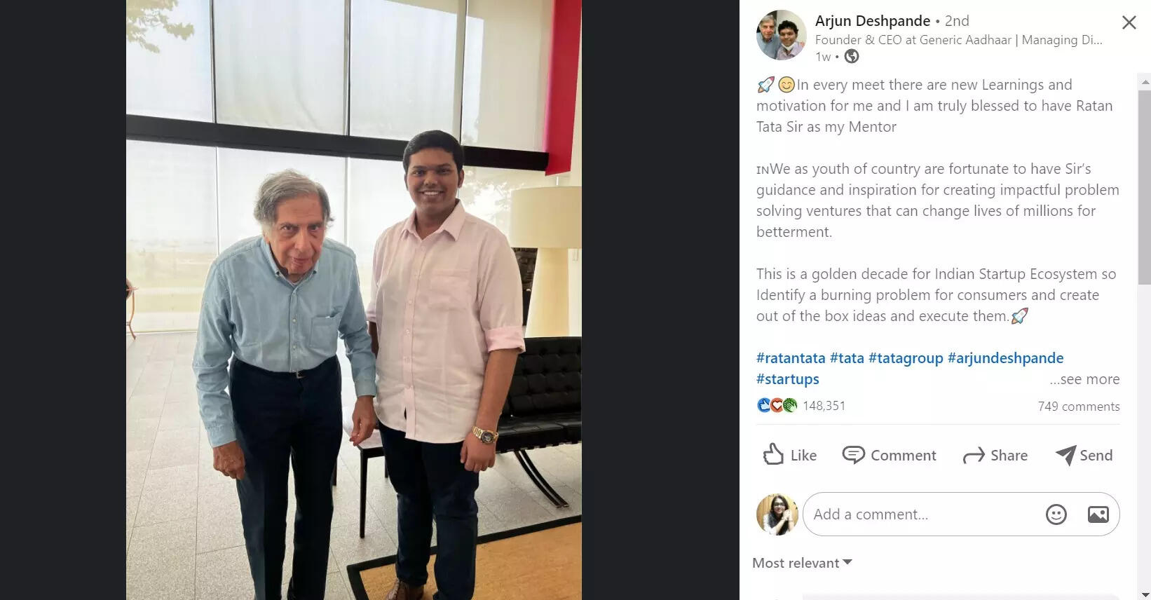 'Blessed to have Ratan Tata Sir as my Mentor': Young entrepreneur Arjun ...