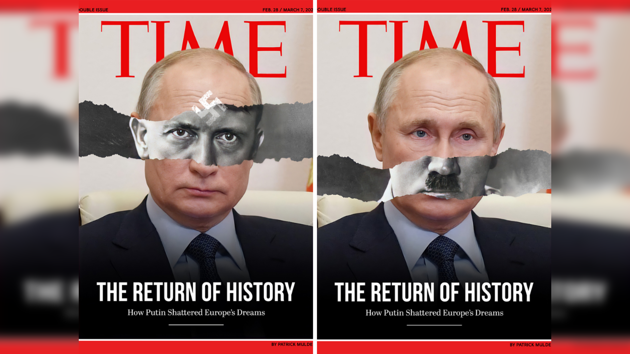 TIME magazine covers showing Putin's photo with Hitler moustache and ...
