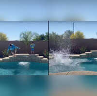 Viral video: Mom teaching son how to jump into pool hilariously falls ...