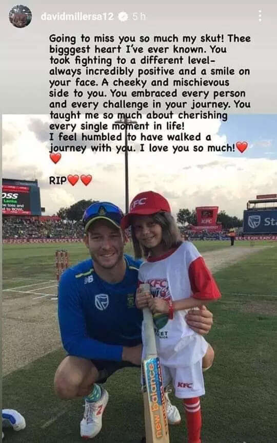 South African cricketer David Miller's young fan passes away; shares ...