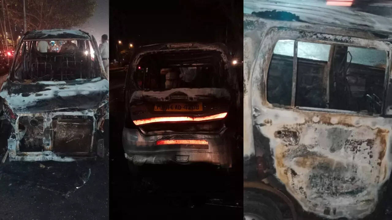 Viral video: Moving car catches fire near Thane-Mulund checkpost, all passengers safe | Times Now