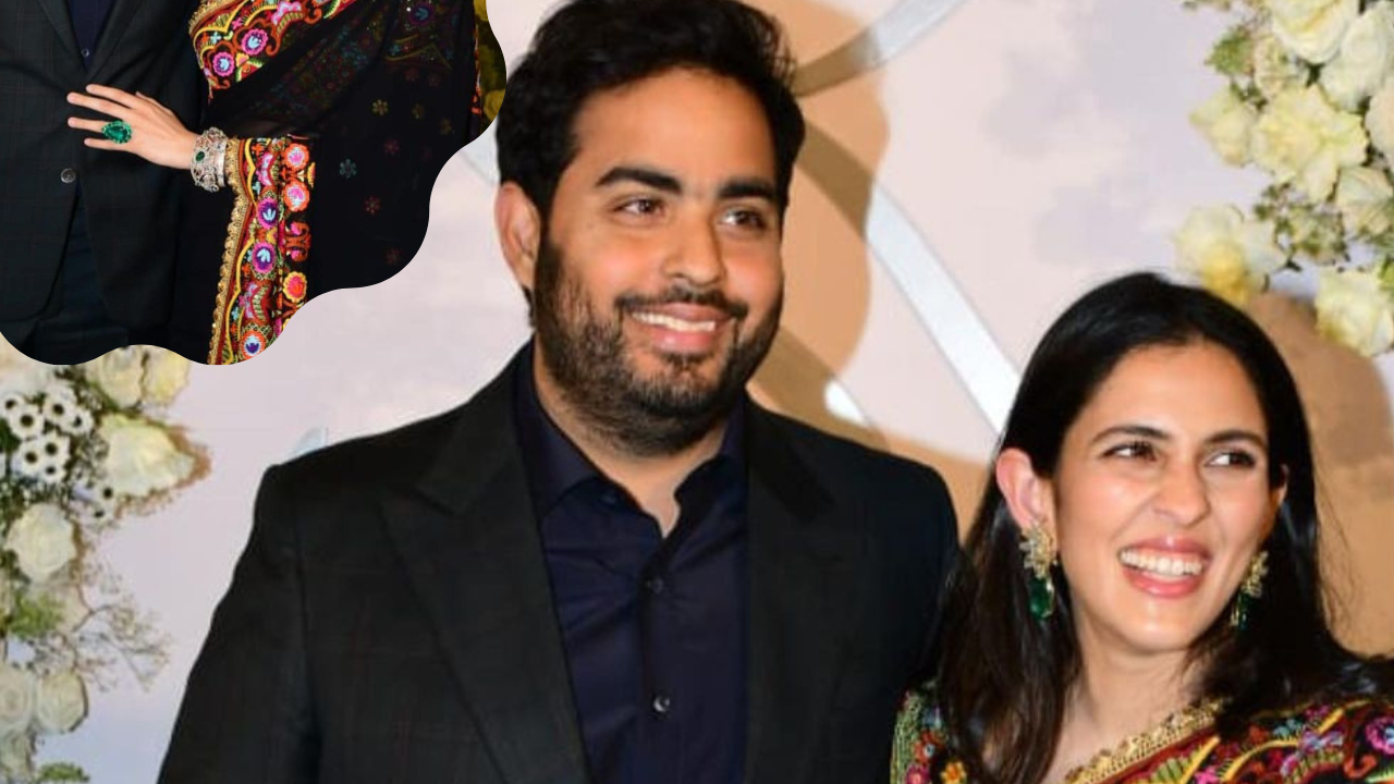 akash ambani, shloka mehta walk hand-in-hand but her huge emerald ring ...