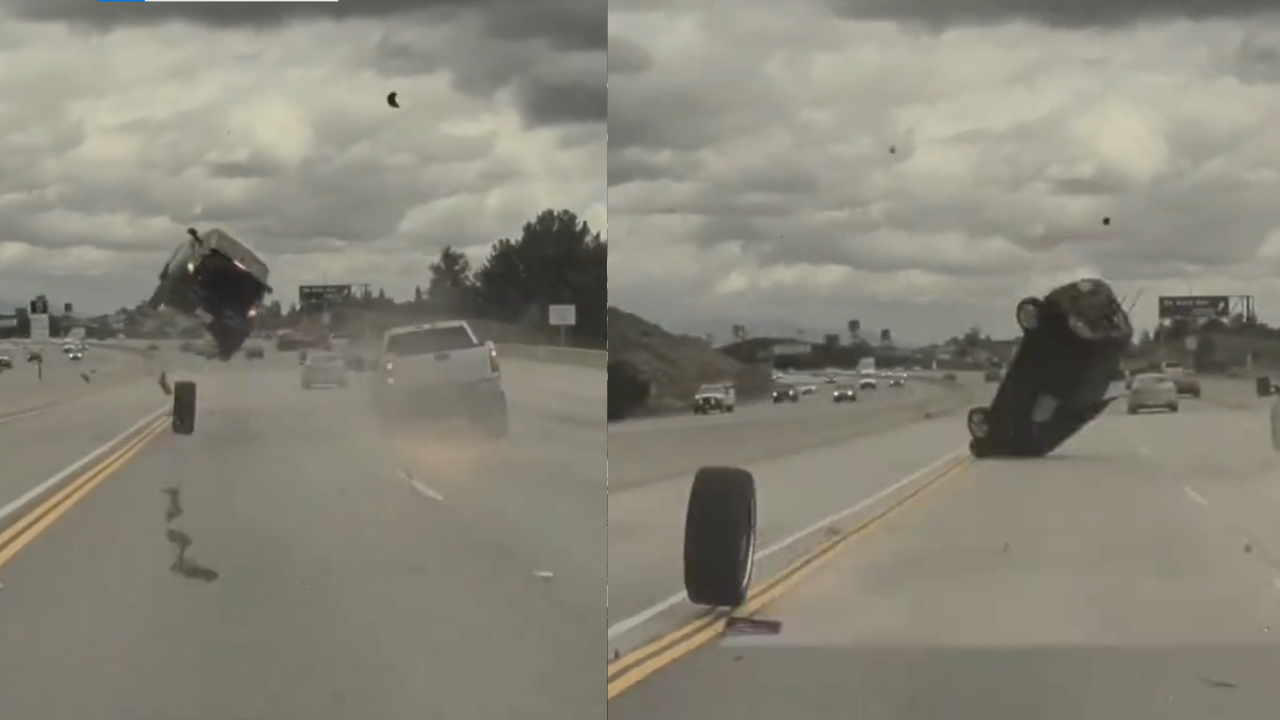 Car dangerously Jumps Into Air After Hitting Truck Wheel On Highway ...