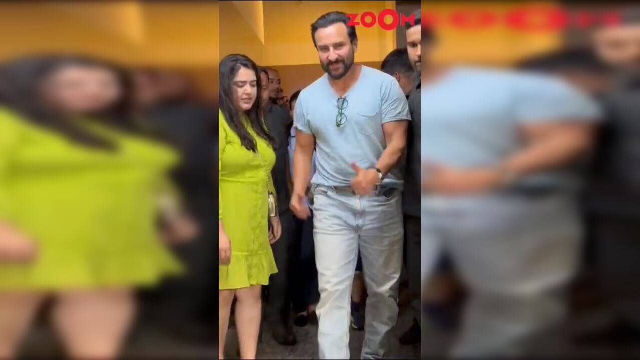 Saif Ali Khan exits with son Taimur after the screening of Adipurush