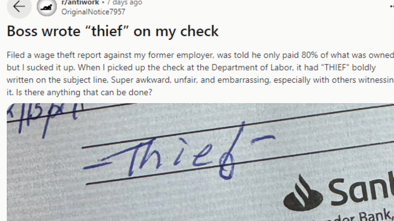 'Embarrassing': Employees Gets Check With 'Thief' Written On It, Reddit ...