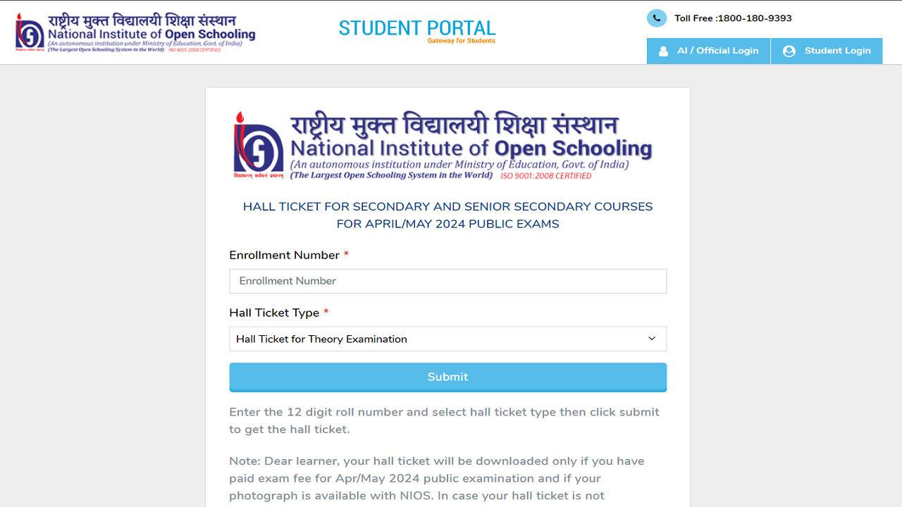 NIOS Hall Ticket 2024: NIOS Class 10, 12 Admit Card Released for Theory ...