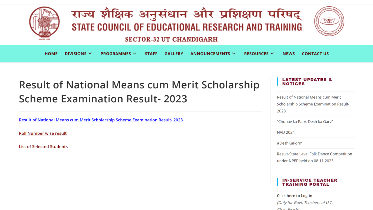 Chandigarh NMMS Result 2023 Released on scertchd.edu.in, Direct Link | Education News - Times Now