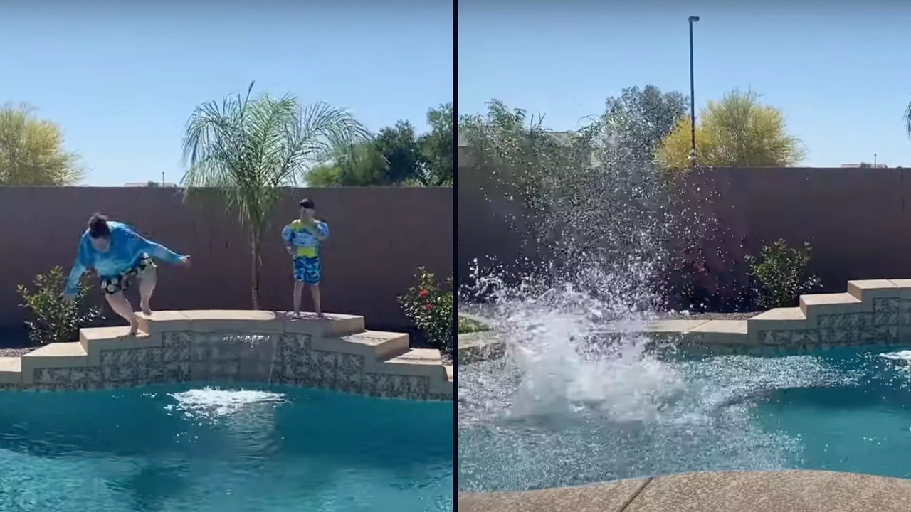 Viral video: Mom teaching son how to jump into pool hilariously falls ...
