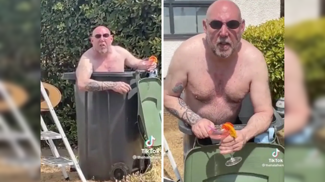Man arguing with neighbour while drinking cocktail in garbage bin is ...