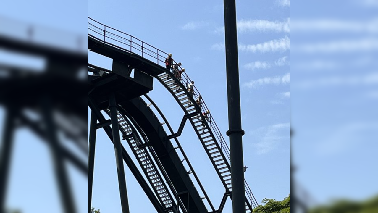 Terrifying moment: Some theme park guests had to climb down a roller ...