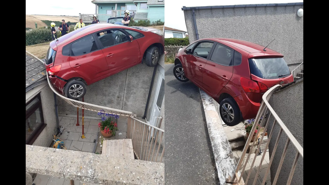 Car hangs 20 feet off ground wedged between 2 buildings after driver ...