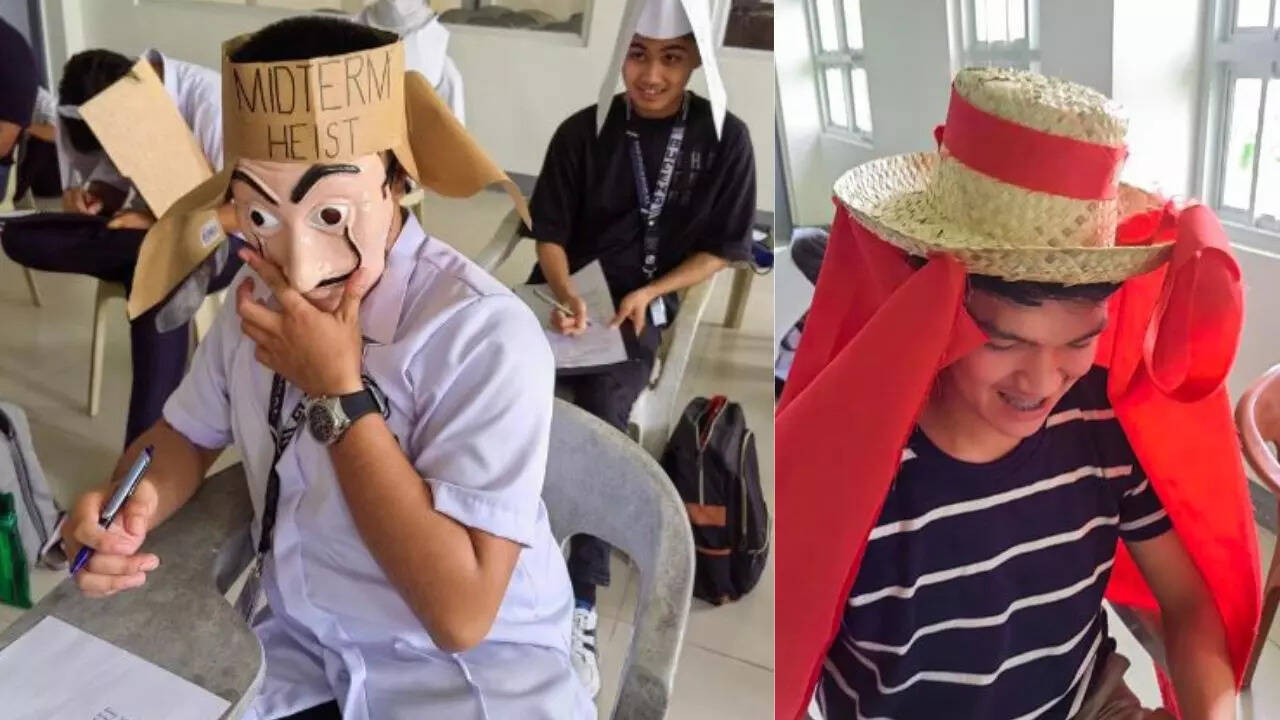 Children wear anti-cheating headgear during mid-term exam in the ...