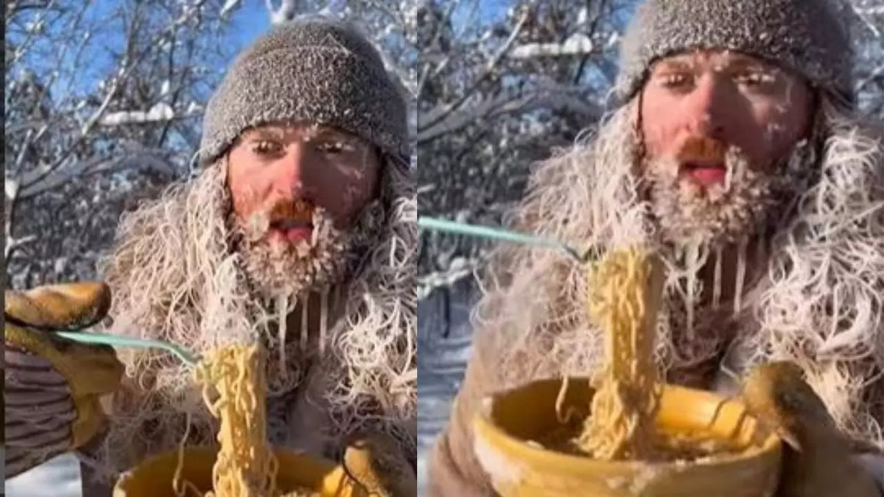 Man tries to eat ramen in extreme cold, fork and noodles freeze in ...