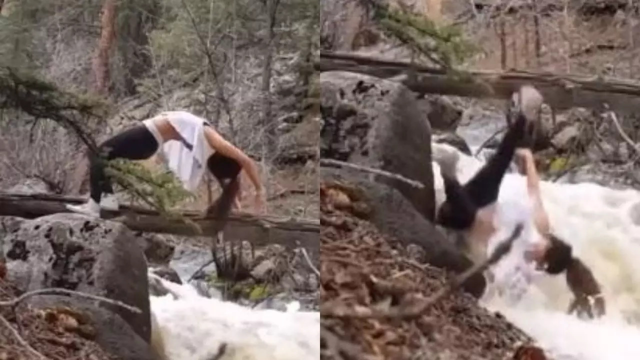 Viral video: Woman tumbles into a river while doing a dangerous pose ...