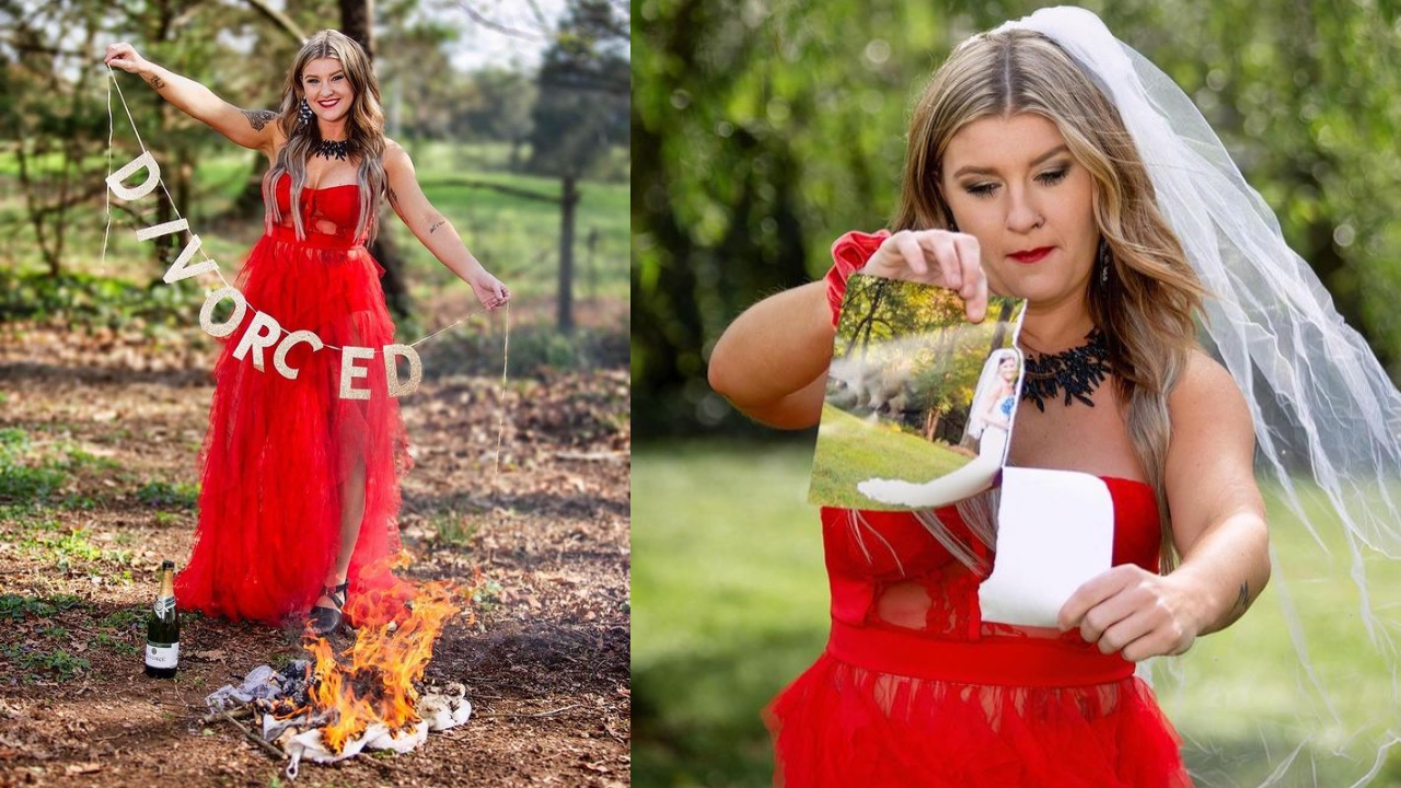 Woman celebrates divorce with a photoshoot, burns wedding dress and ...
