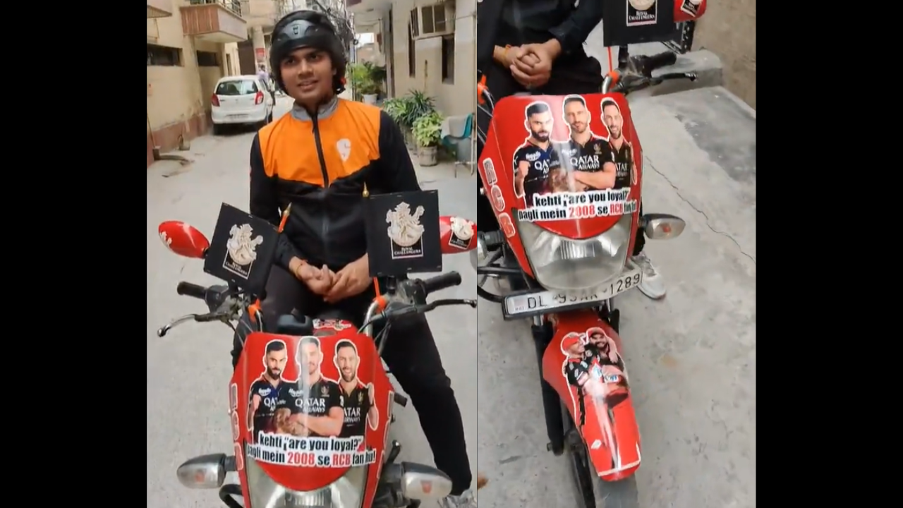 Viral Video: Swiggy Delivery Guy Decorates Bike With RCB Stickers ... Viral Video: Swiggy Delivery Guy Decorates Bike With RCB Stickers ...